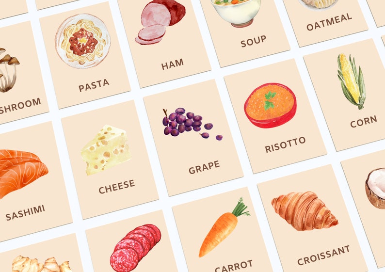 96 Watercolor Food and Snack Flashcards | Montessori Flashcards ...