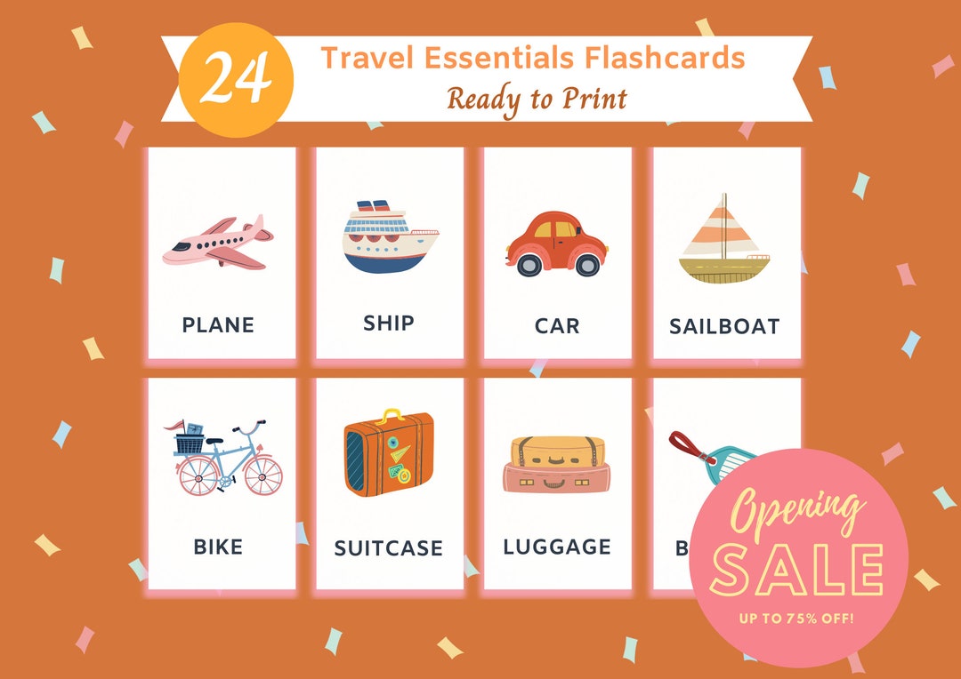 24 Travel Essential Flashcards Montessori Flashcards Pre-school Cards ...