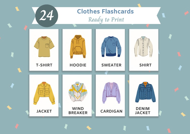 24 Clothes Flashcards Montessori Flash Cards Pre-school Cards ...