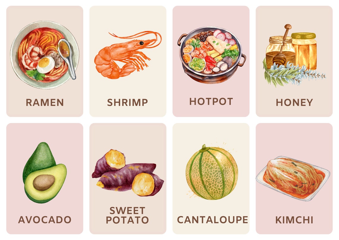 96 Watercolor Food and Snack Flashcards | Montessori Flashcards ...