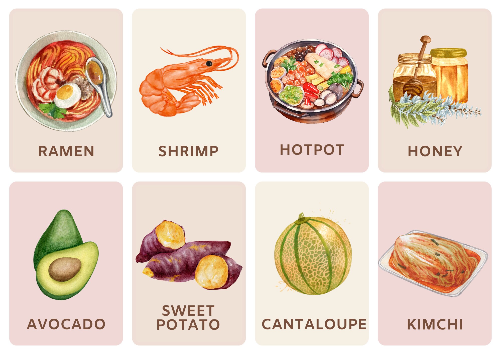 96 Watercolor Food and Snack Flashcards | Montessori Flashcards ...