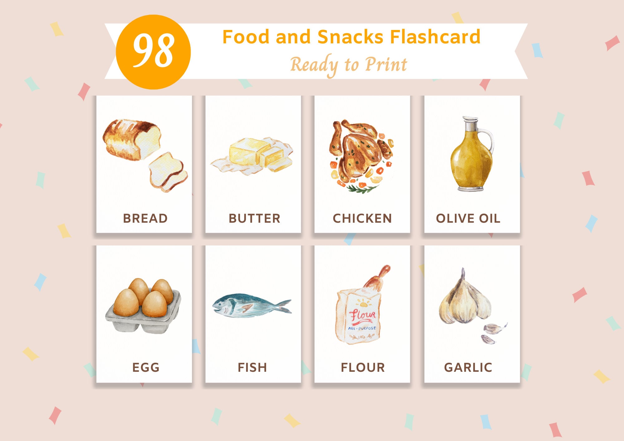 96 Watercolor Food and Snack Flashcards | Montessori Flashcards ...