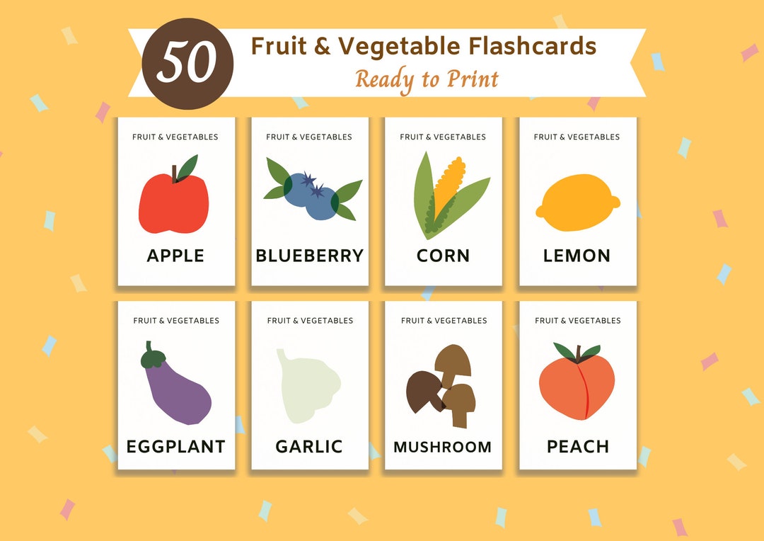 50 Fruit & Vegetable Flashcard | Montessori Flashcards | Pre-school ...