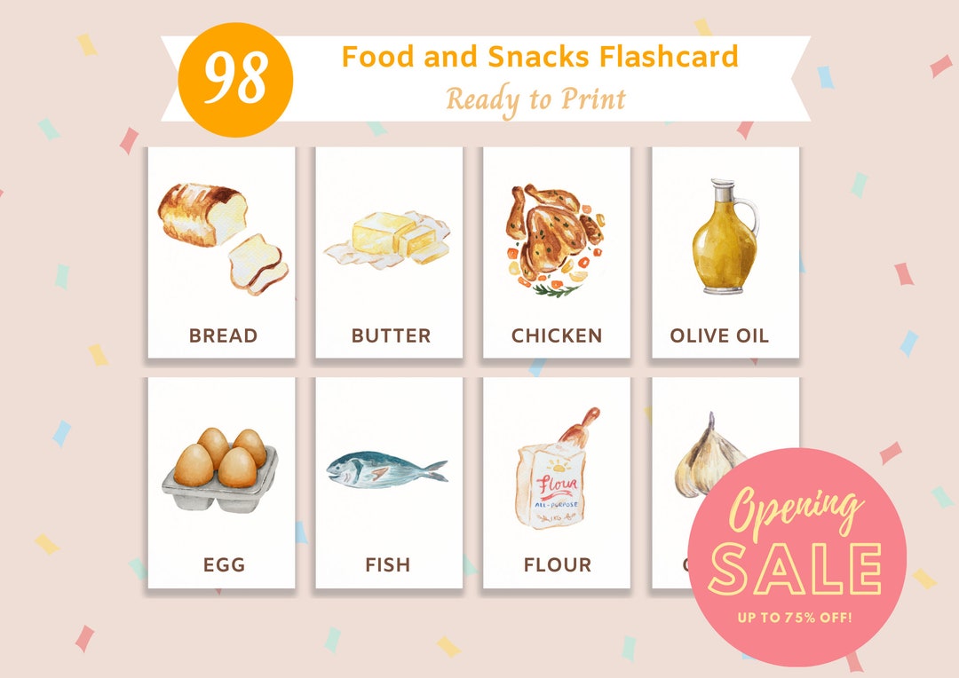 96 Watercolor Food and Snack Flashcards Montessori Flashcards ...