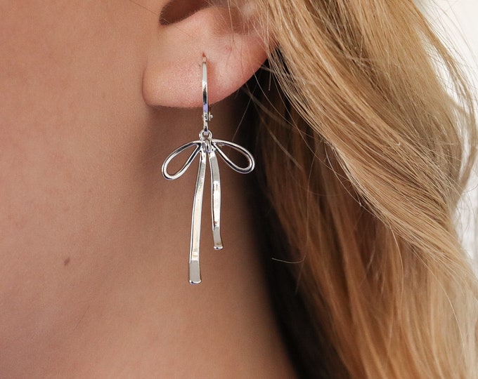 Bow Earrings, Silver Bow Earrings With Hoop Studs, Silver Bow Earrings ...