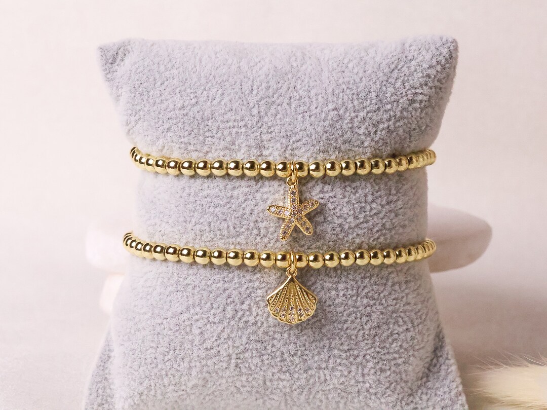 Gold Beaded Shell Bracelet, 18k Gold Filled Shell Bracelet, Gold ...