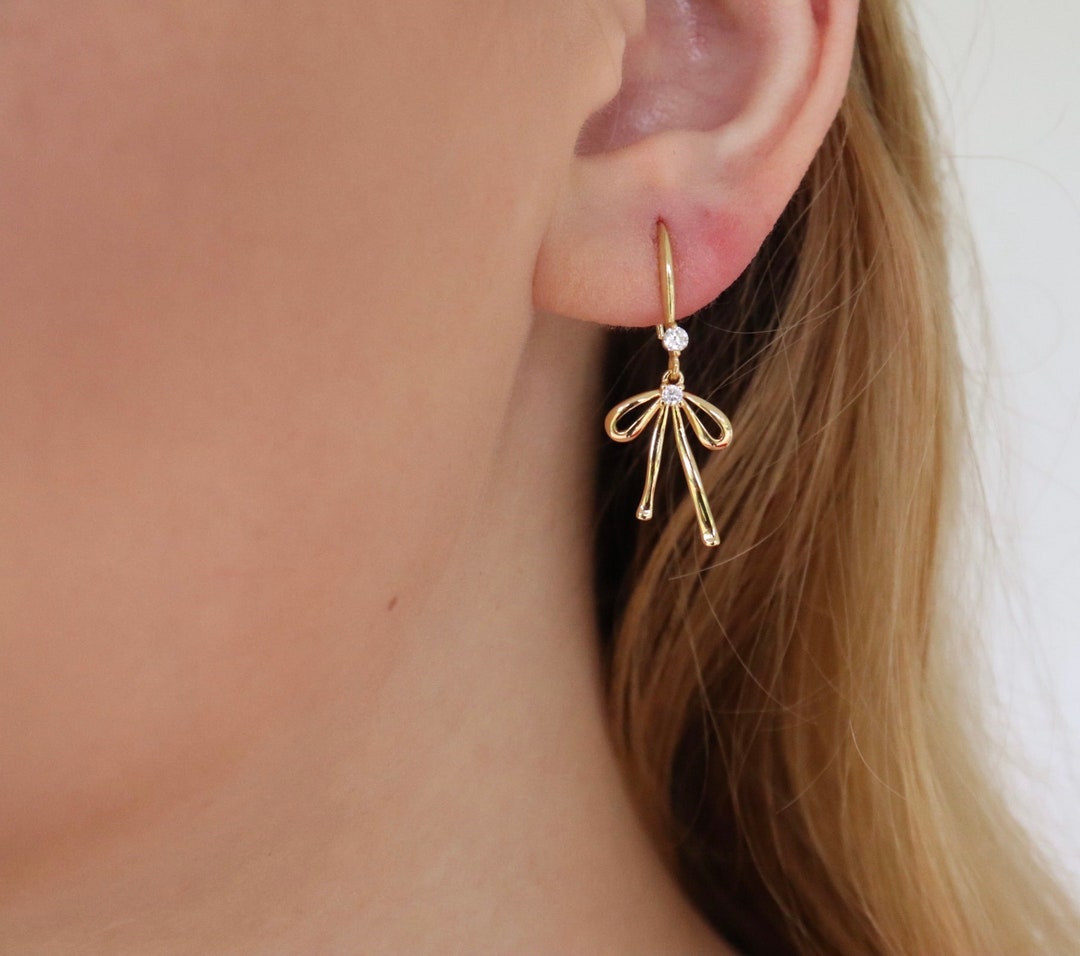 Bow Earrings, 18k Real Gold Plated Bow Earrings With Fish Hook With Cubic Zirconia. - Etsy