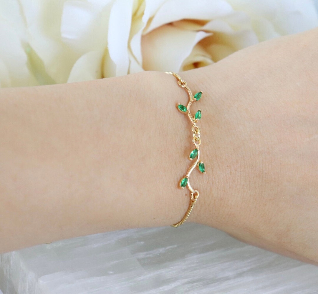 Leaf Bracelet, Gold Bridal Leaves Bracelet, Green Leaf Bracelet ...