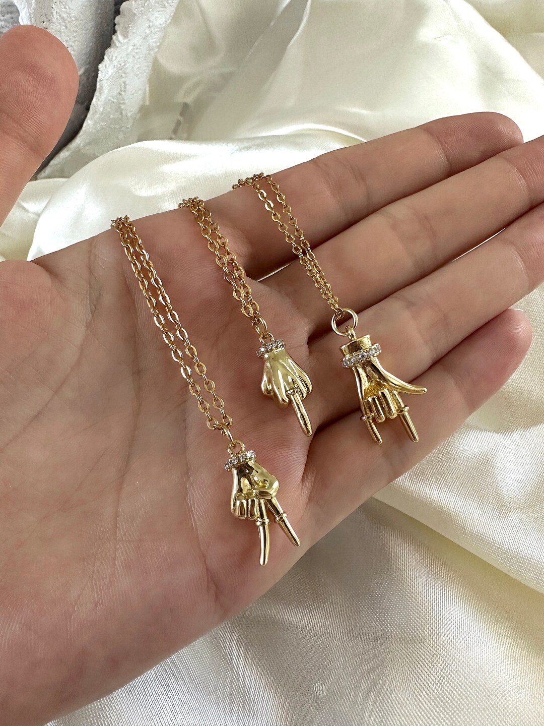 Gold Hand Charm Necklace, Good Luck Charm, Rock N Roll Salute, Free ...