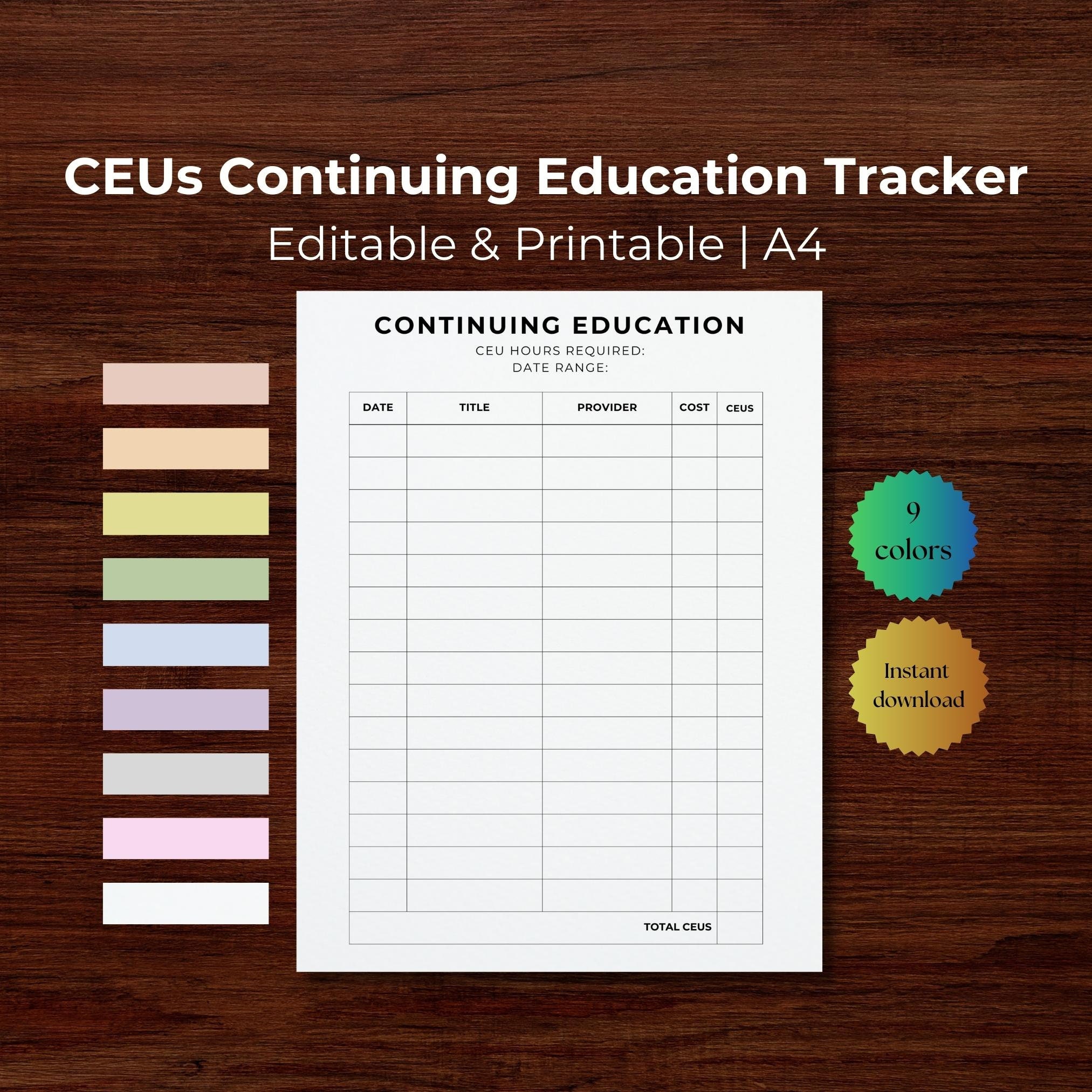 CEU Tracker A4 Portrait Printable Continuing Education Log - Etsy