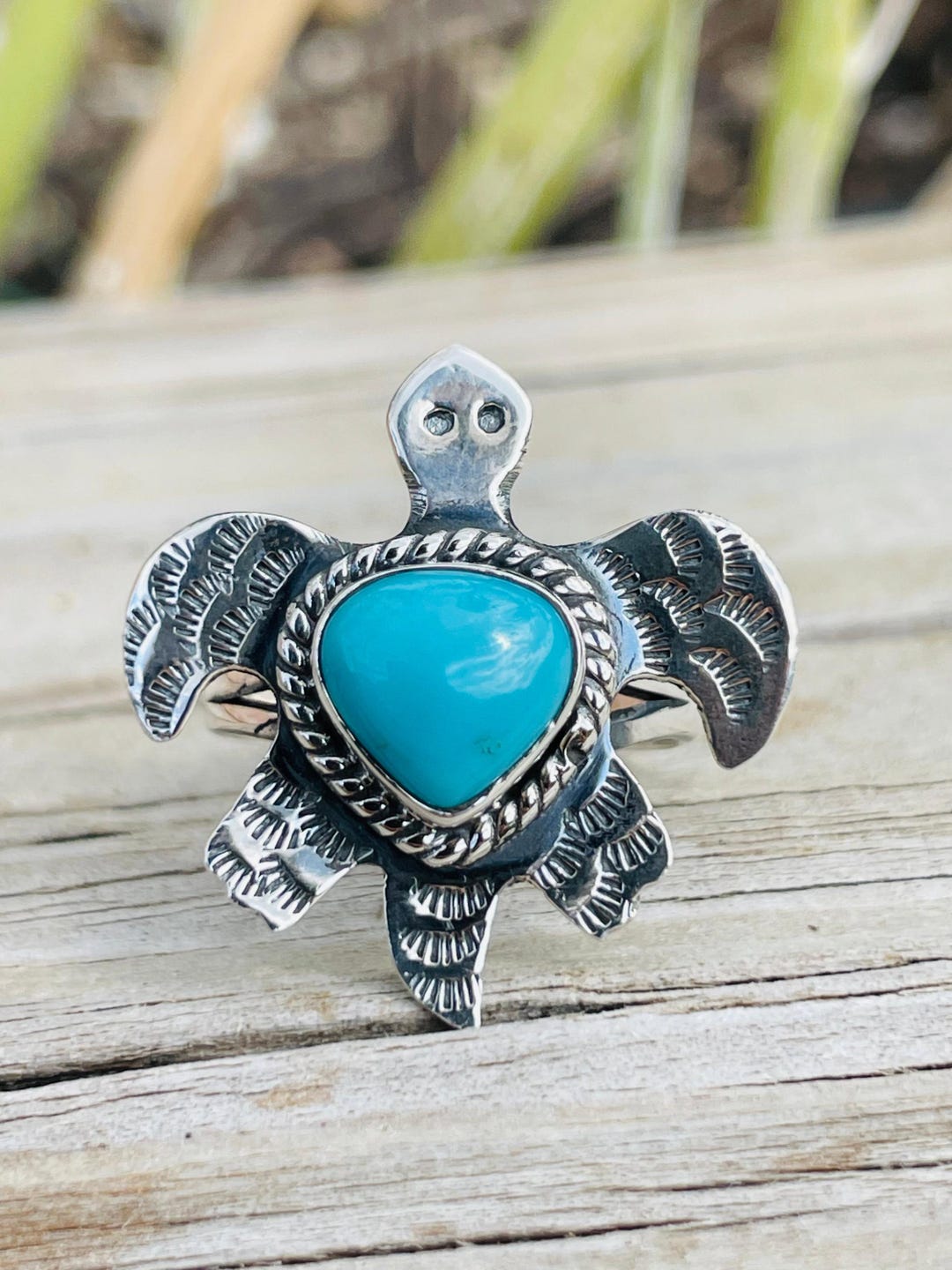 Turtle Detailed Turquoise Ring Size 8 925 Silver Ocean-inspired ...