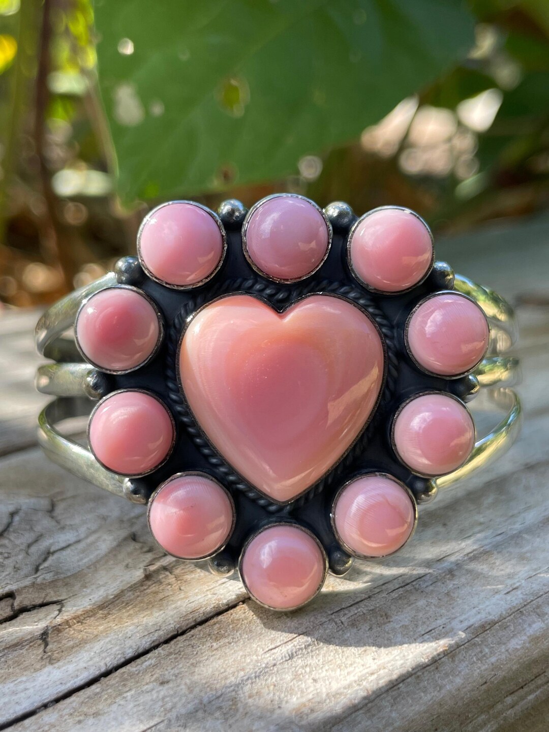 Pink Conch Heart Design Cuff Bracelet 925 Sterling Silver Size 6.75 D93 ...