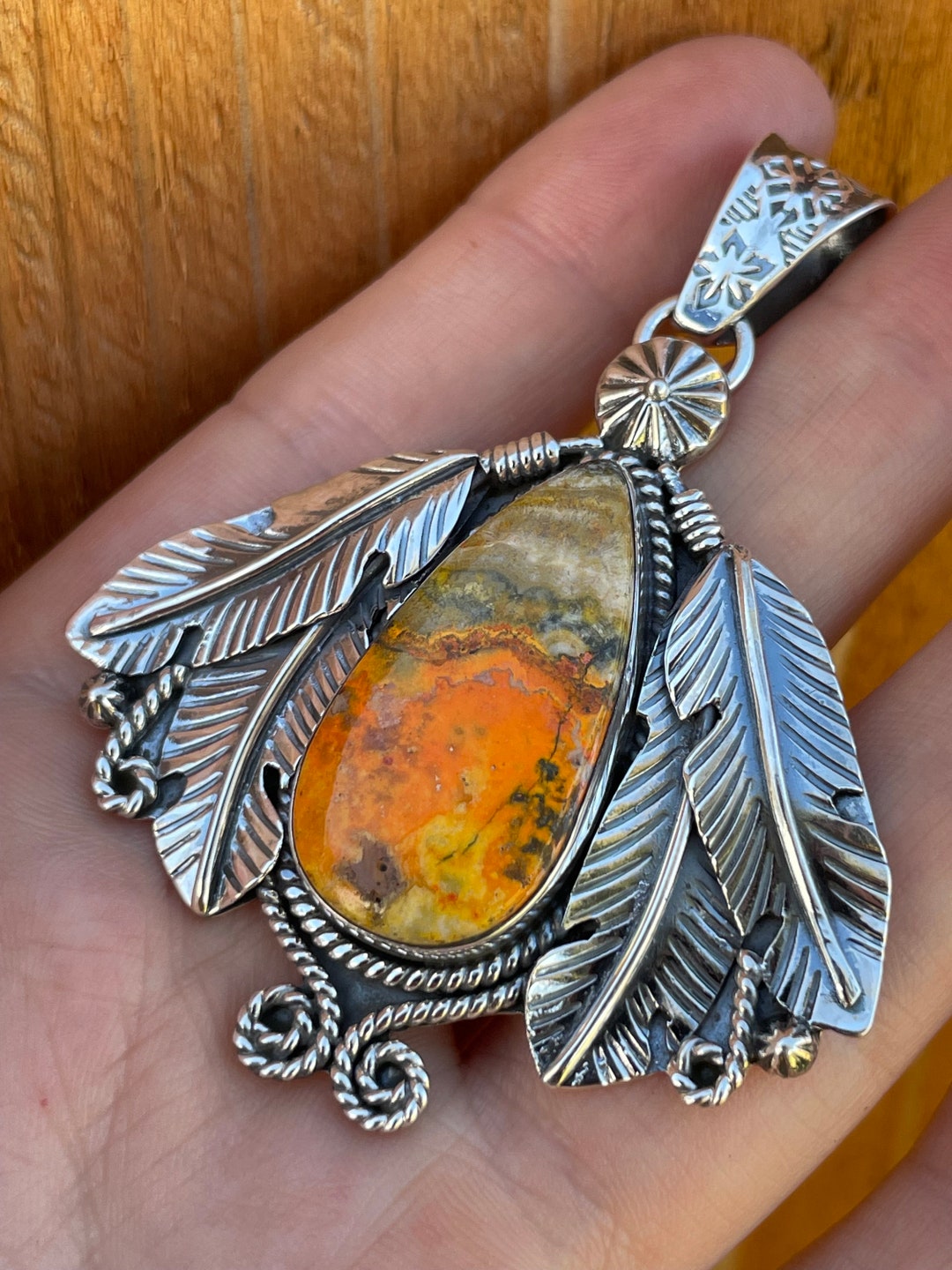 Brilliant Colored Bumblebee Jasper Feather Pendant Set in 925 Sterling ...