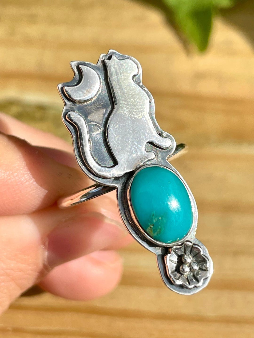 Kingman Turquoise Cat, Crescent Moon & Flower Ring Sterling Silver Size ...