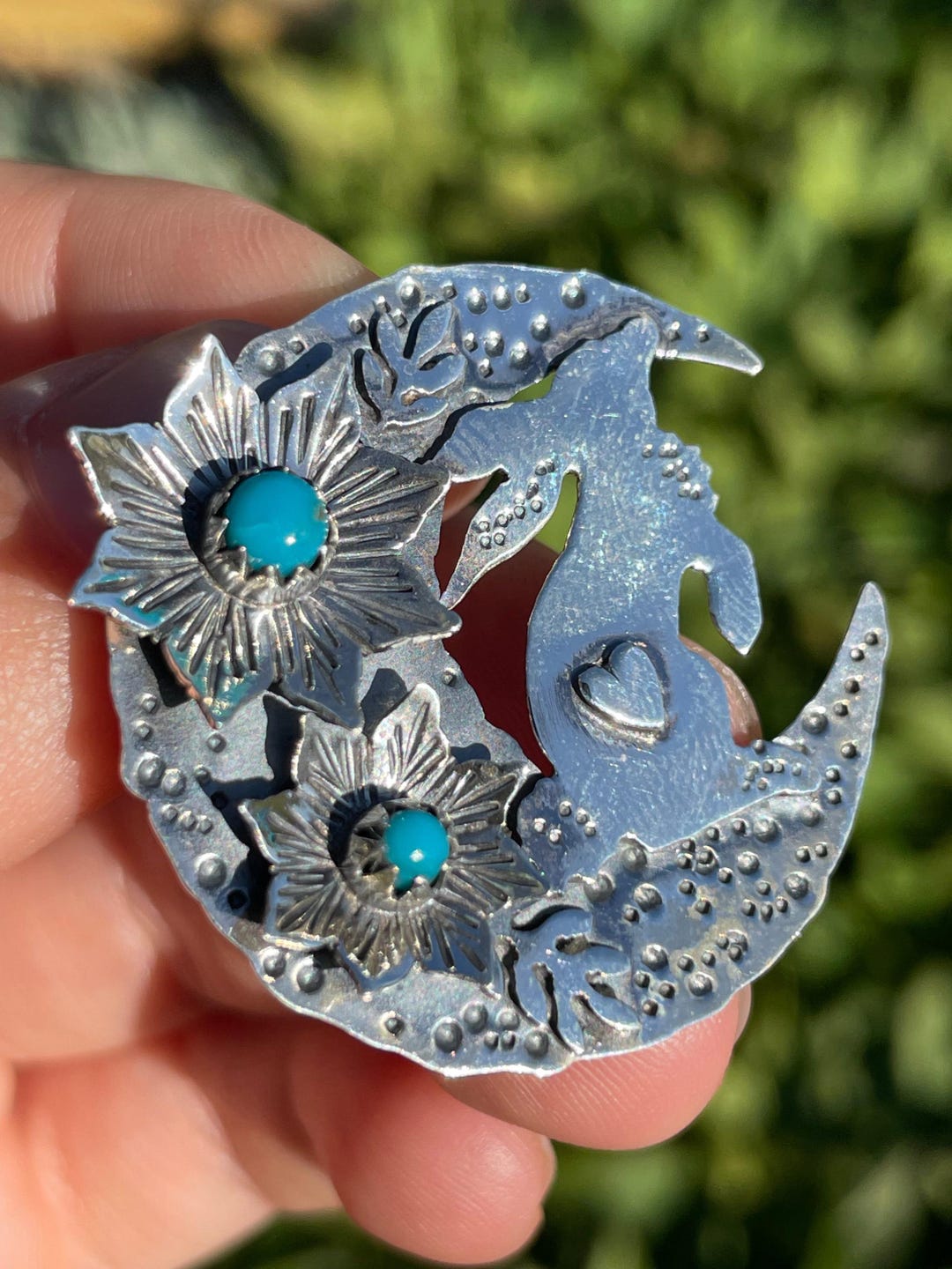 Turquoise Crescent Moon Pendant | Rabbit & Flowers Design | Sterling ...