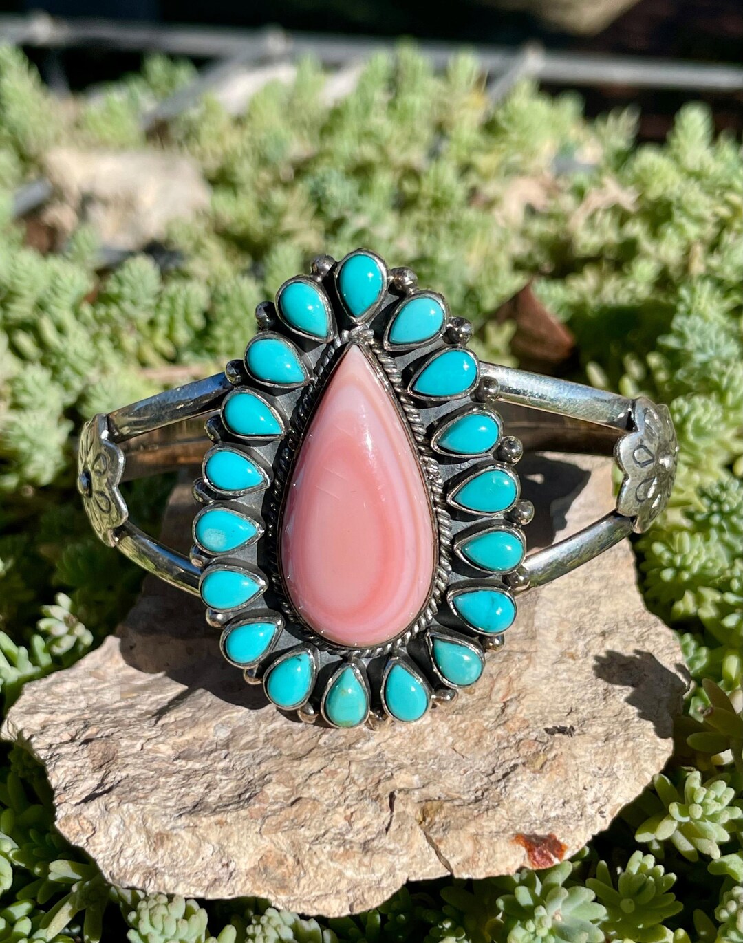 Kingman Turquoise & Pink Conch Cluster Cuff Bracelet | Sterling Silver ...