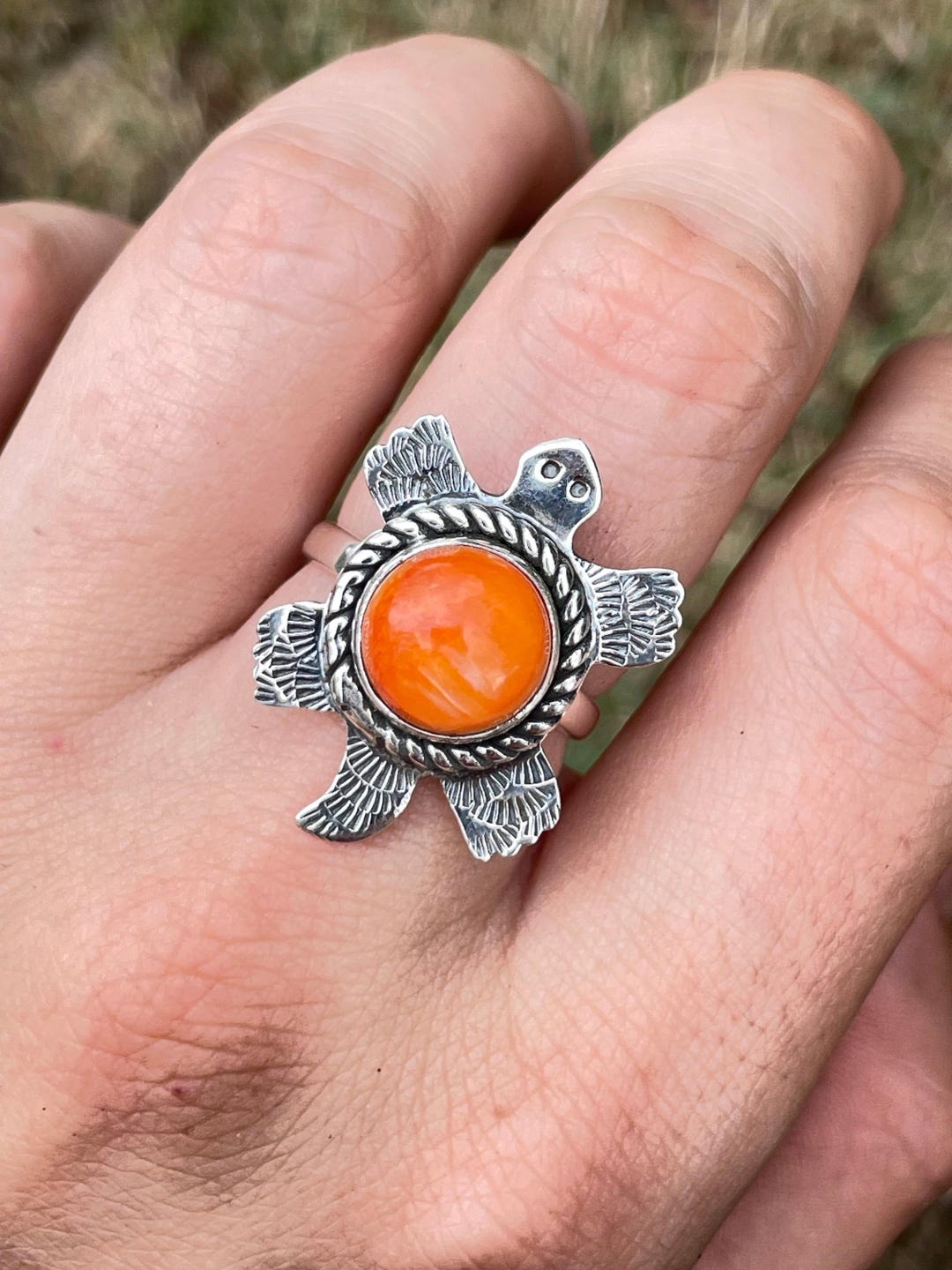Spiny Oyster Turtle Rope Design Ring 925 Sterling Silver Southwestern ...