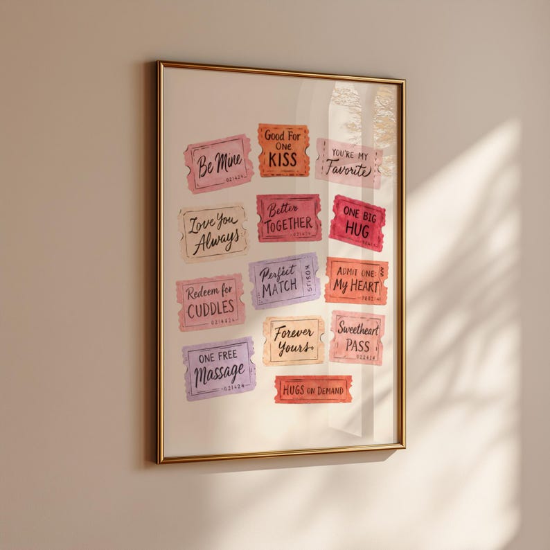 Printable Valentine Wall Art – Love Coupon Tickets, Watercolor Romance ...