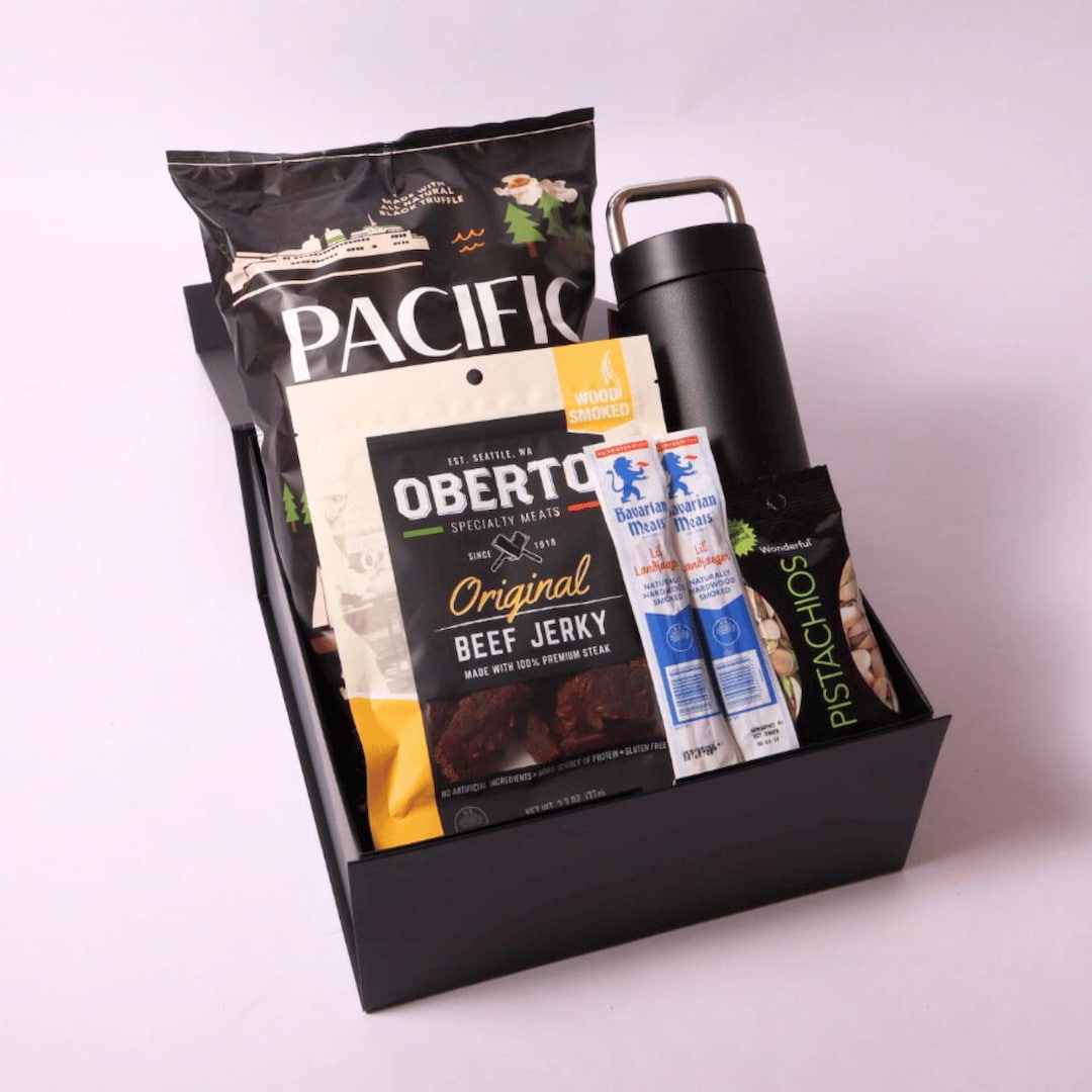 Snack and Hydrate Gift Box: Jerky, Pistachios & Water Bottle - Etsy