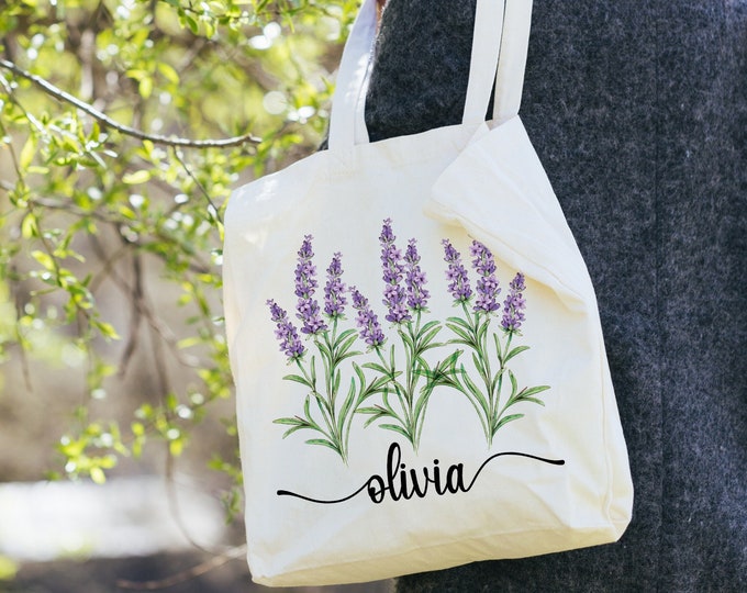 Lavender Flowers Tote Bag, Personalized Tote, Tote With Flowers, Floral ...