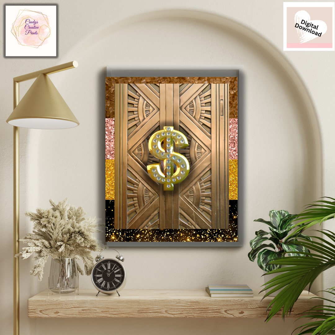Art Deco Gold Dollar Sign Copper Metal and Glitter Background ...