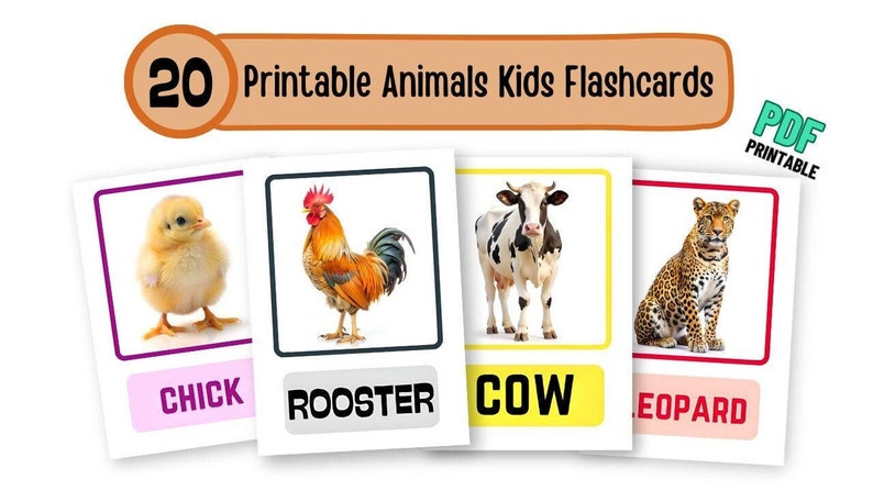 20 Farm Animals Flash Cards, School and Pre-school Cards, Educational ...