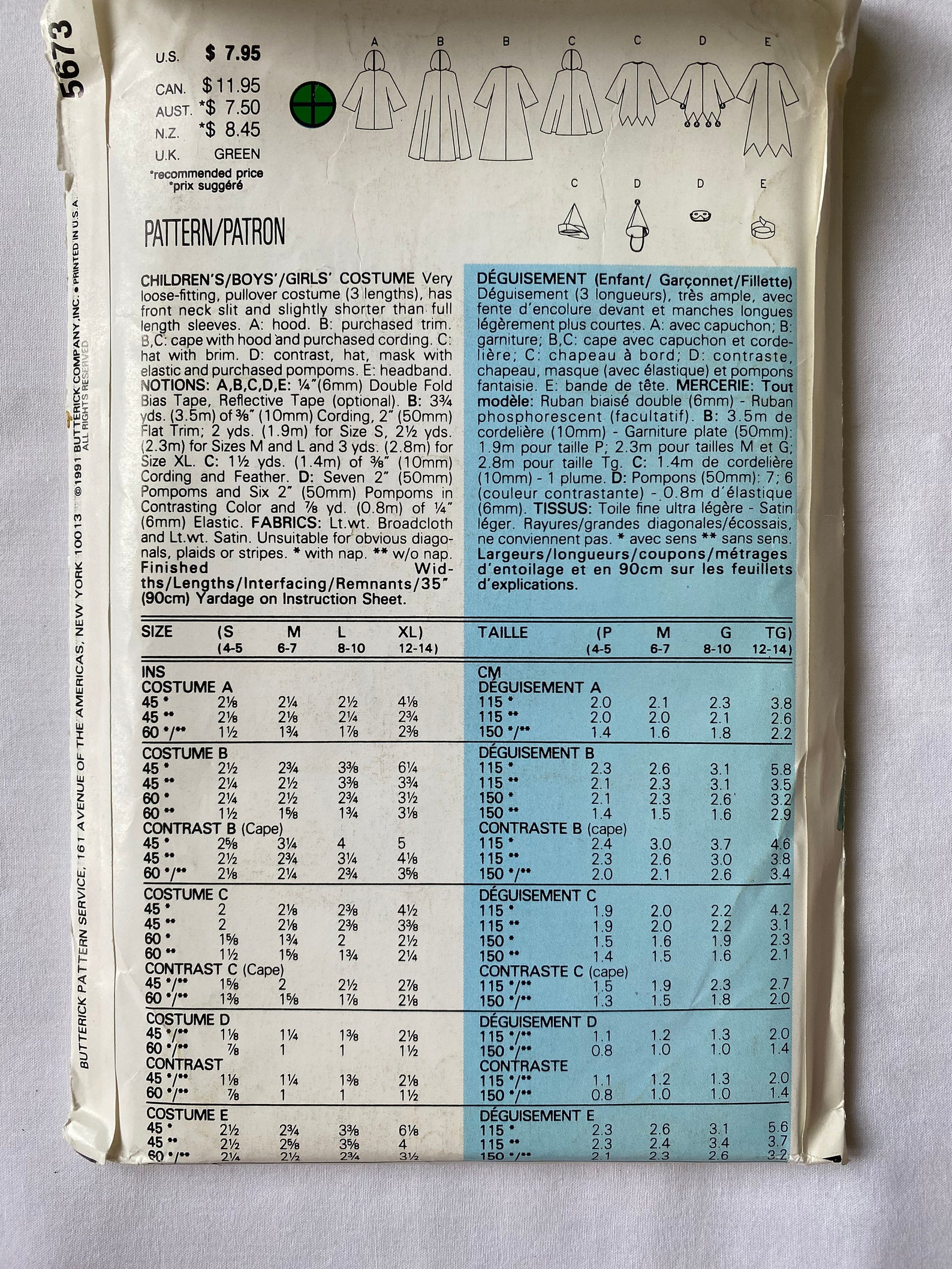 Butterick 5673 Costume Sewing Pattern. Children's Cape/poncho With Hood ...