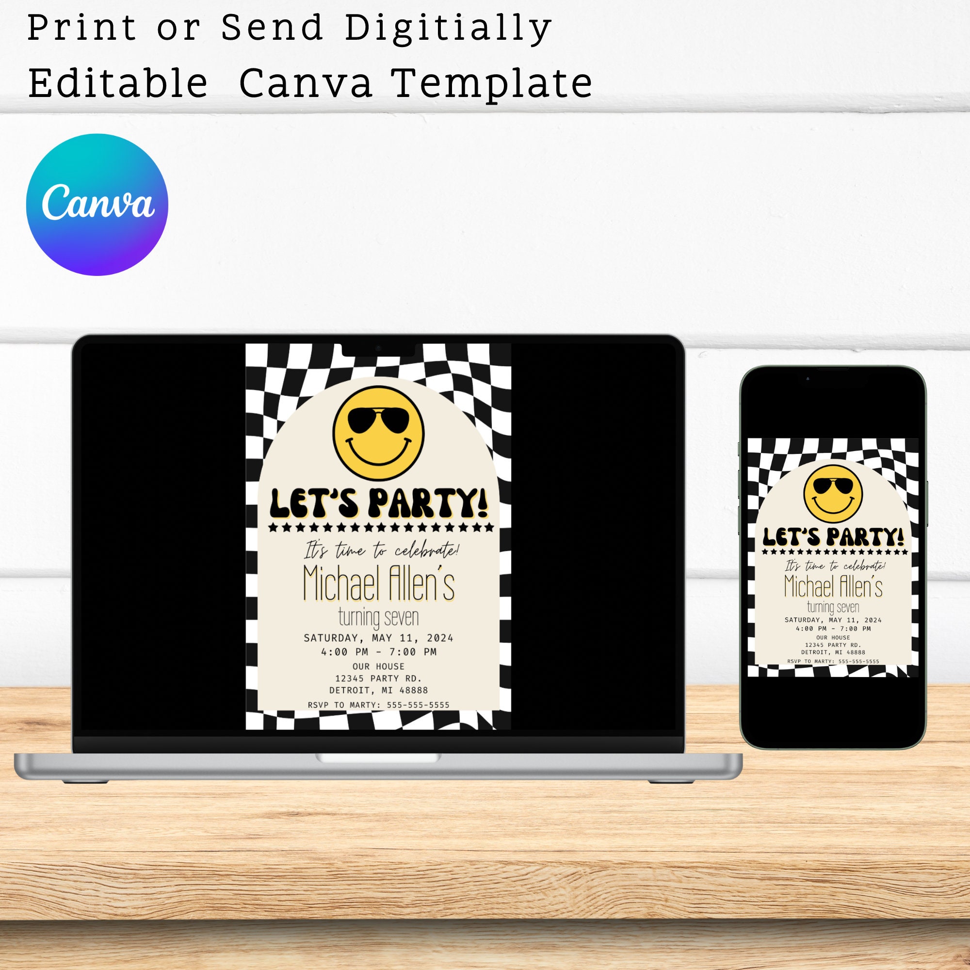 Retro Smiley Face Party Invitation Template (digital Download) - Etsy