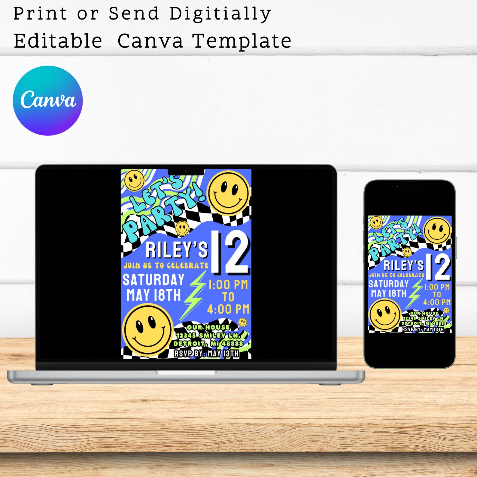 Editable Retro Smiley Invitation Template Let's Party Smiley Invite ...