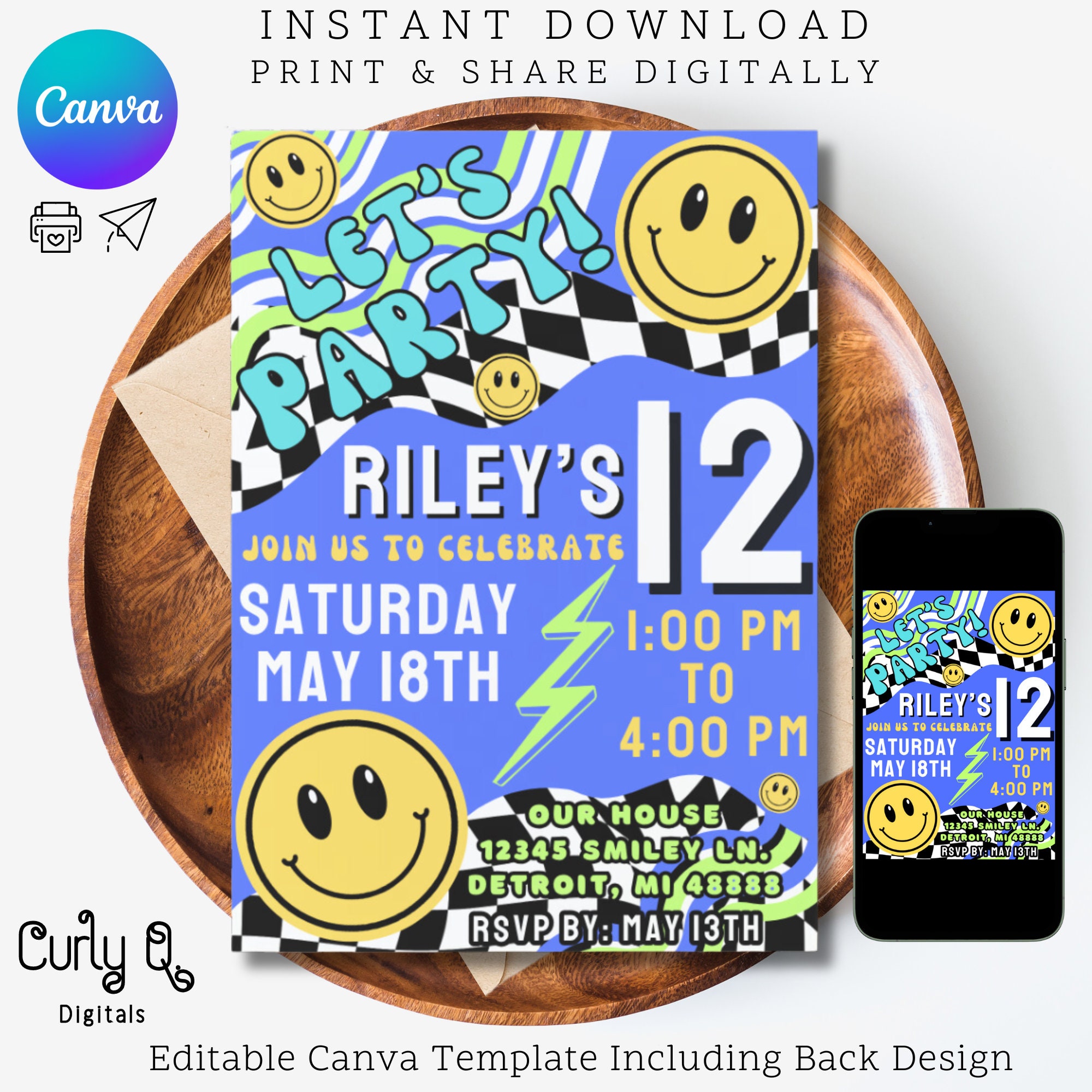 Editable Retro Smiley Invitation Template Let's Party Smiley Invite ...