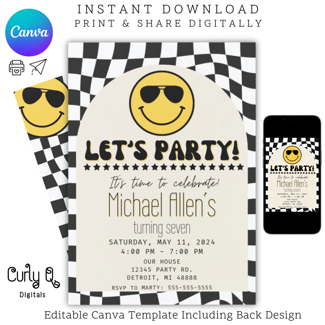 Retro Smiley Face Party Invitation Template (digital Download) - Etsy