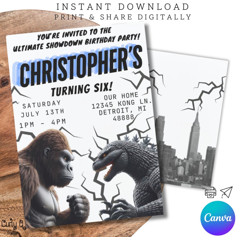 Godzilla Vs Kong Birthday Invitation Template (digital) - Etsy