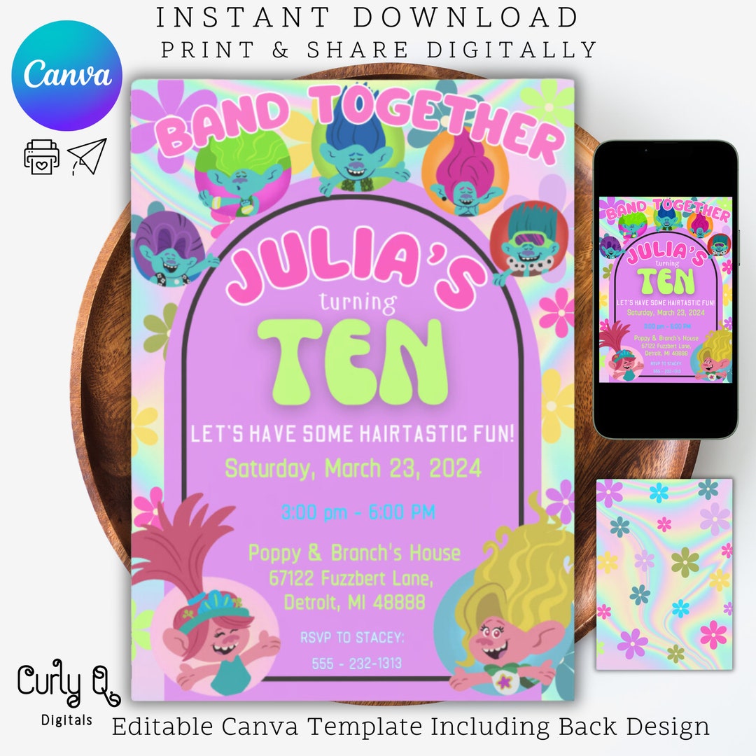 Editable Trolls Invitation Template Trolls Birthday Party Invitation ...