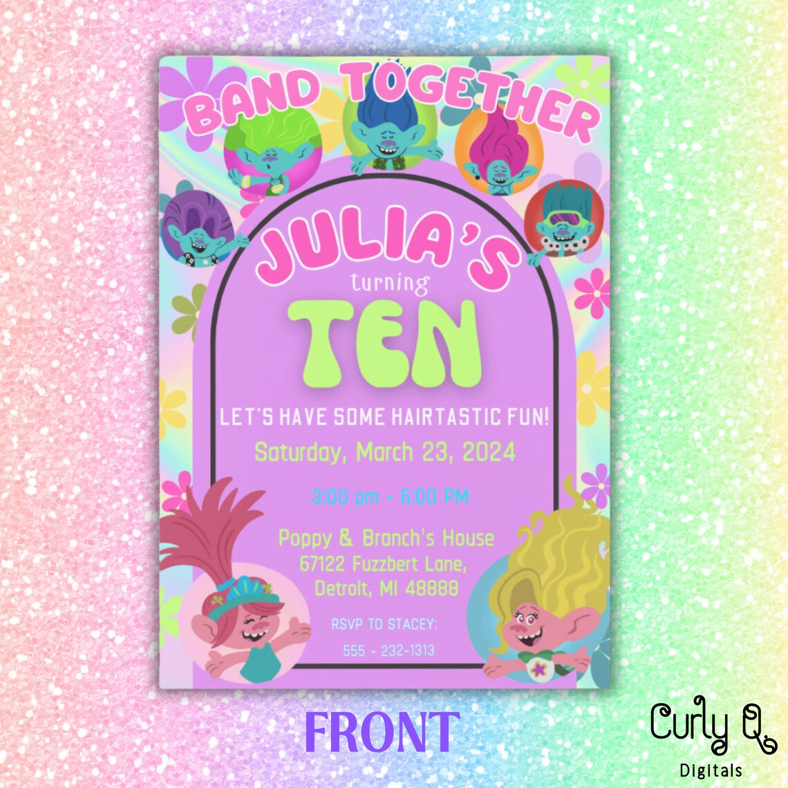 Editable Trolls Invitation, Trolls Birthday, Poppy, Branch Invitation ...