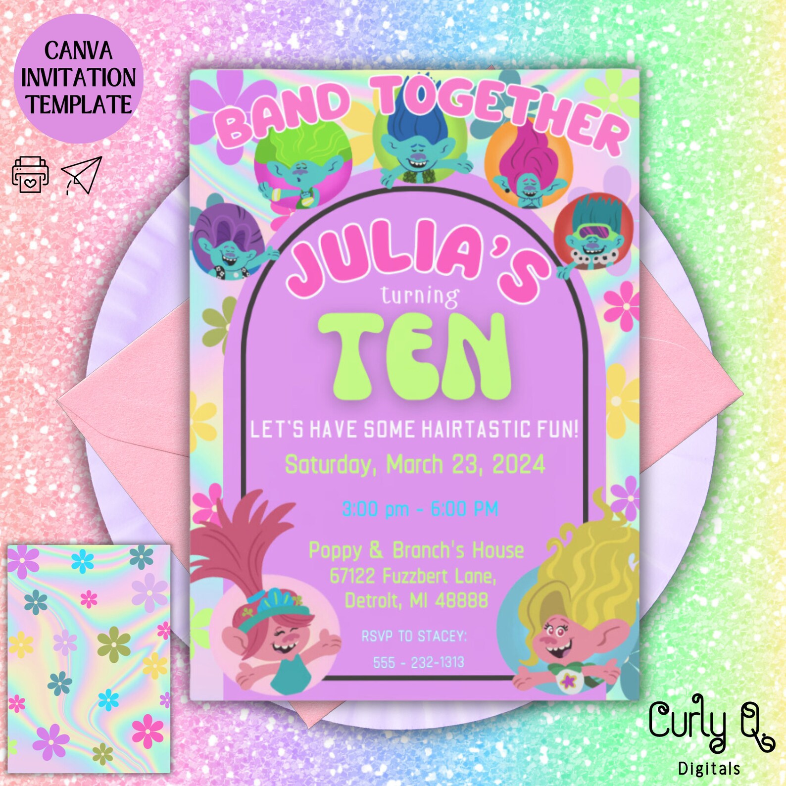Editable Trolls Invitation, Trolls Birthday, Poppy, Branch Invitation ...