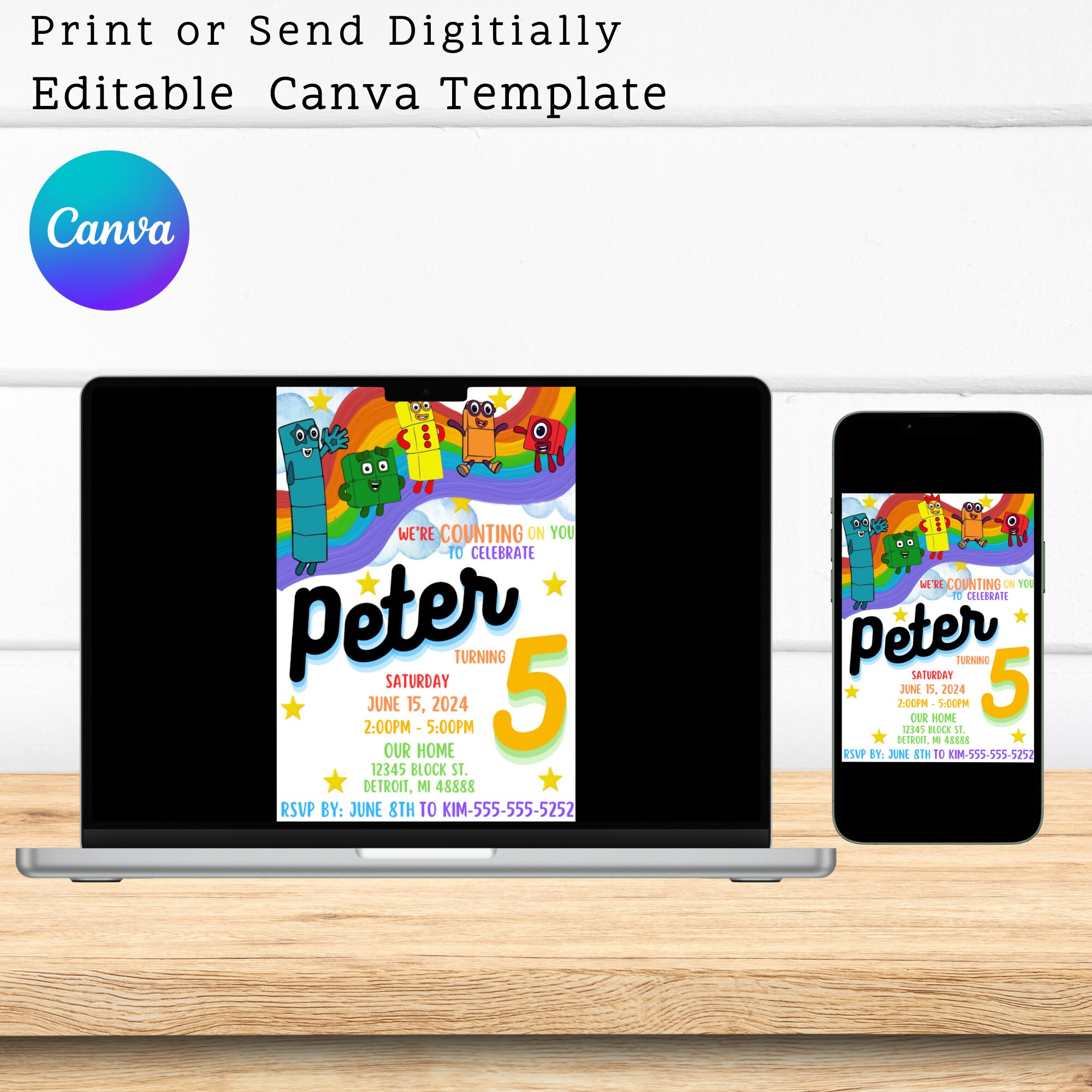Number Blocks Birthday Invitation Template: Editable Canva Design ...