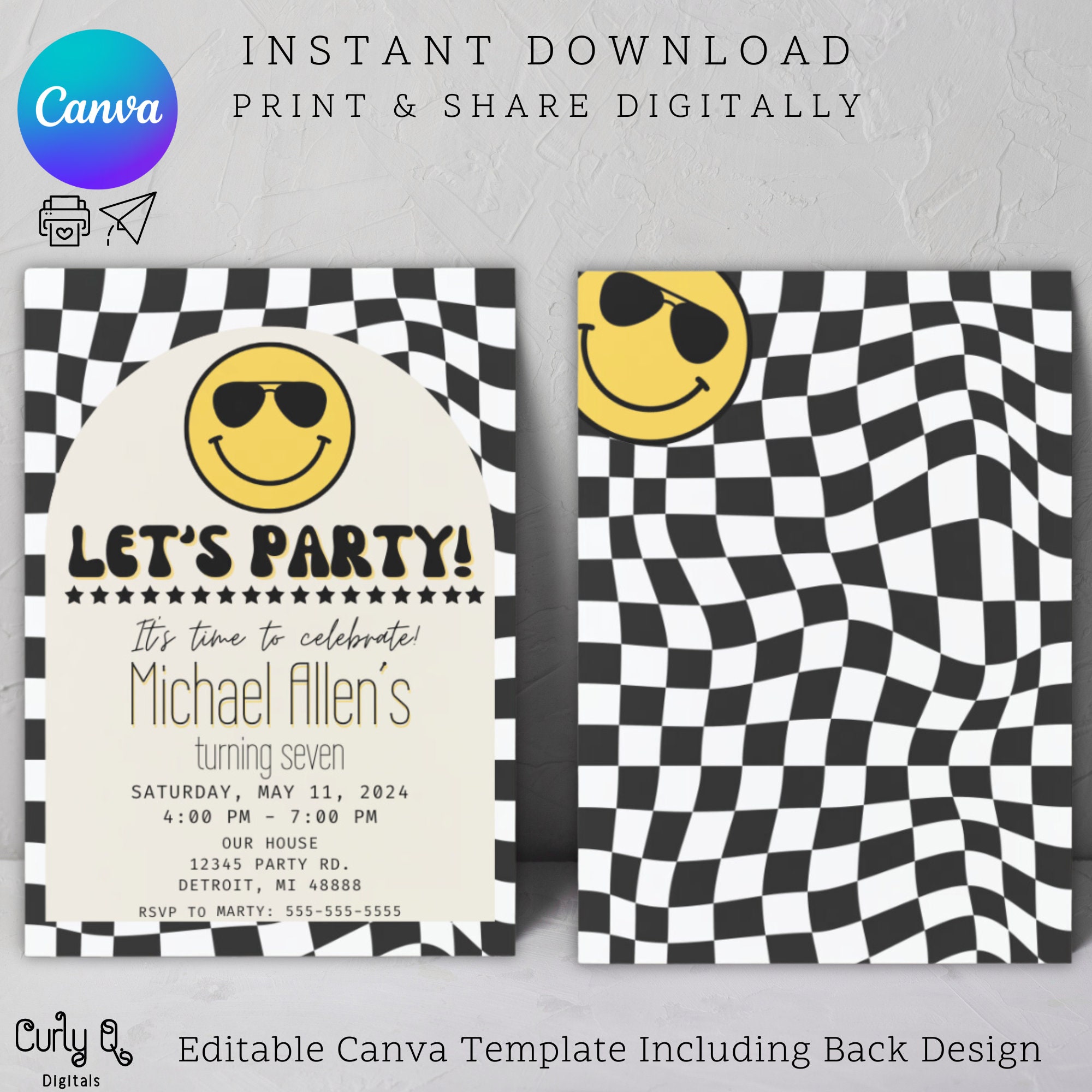 Retro Smiley Face Party Invitation Template (digital Download) - Etsy