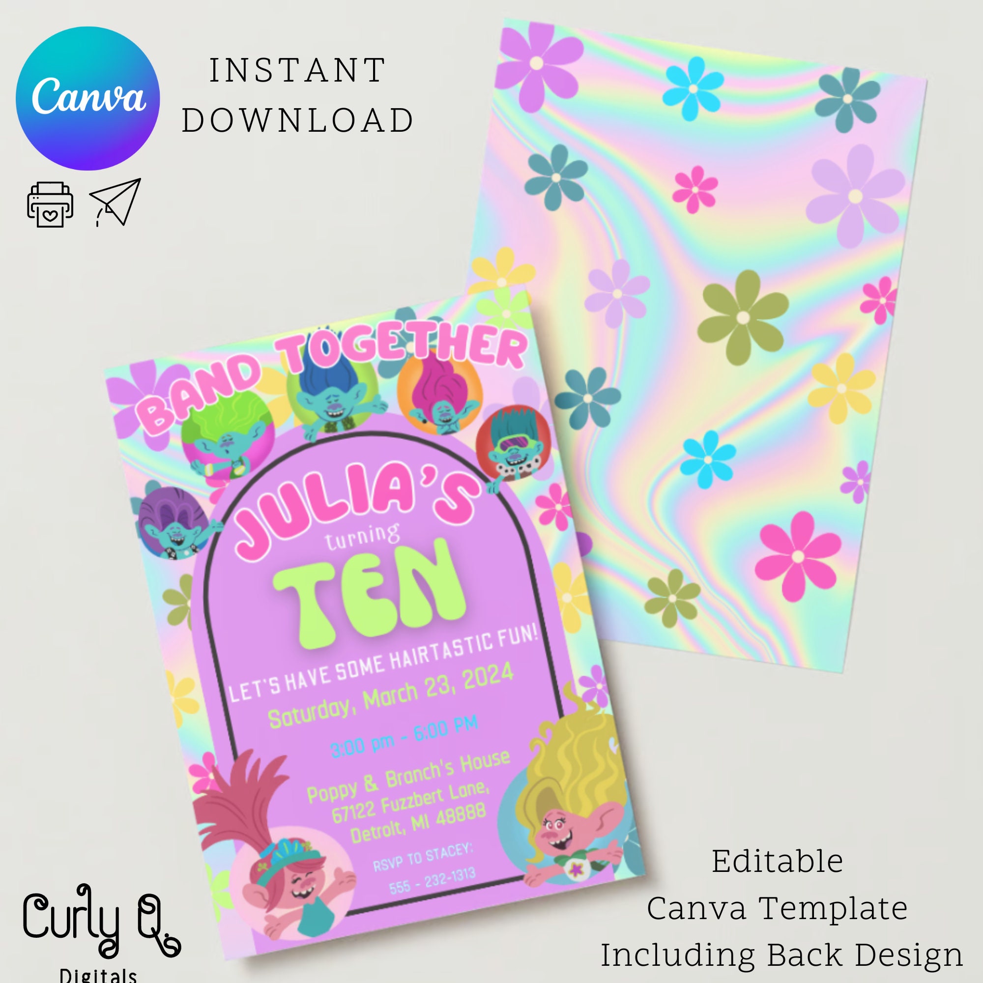 Editable Trolls Invitation Template Trolls Birthday Party Invitation ...