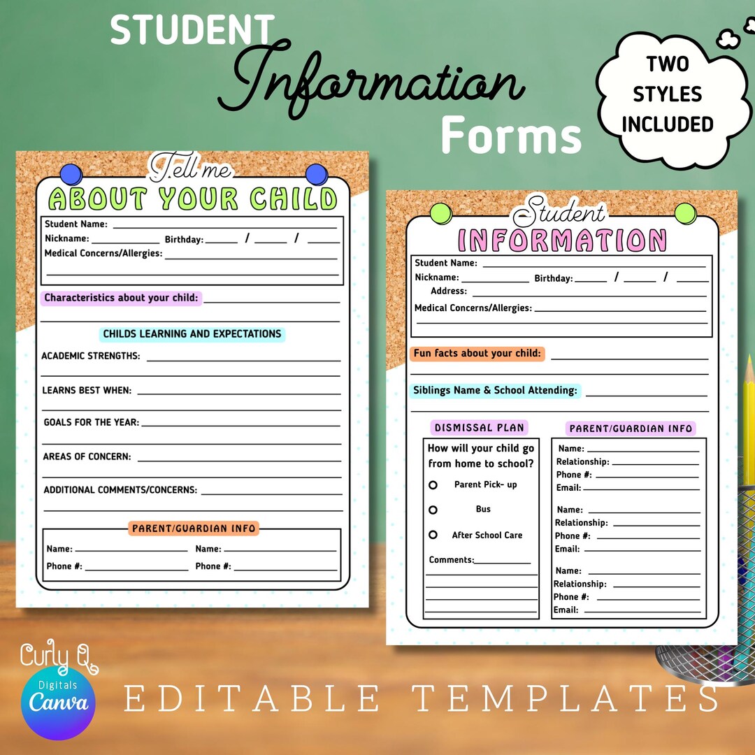 Editable Student Information Sheet Template: Back to School Form (8.5x11 Portrait) (digital ...