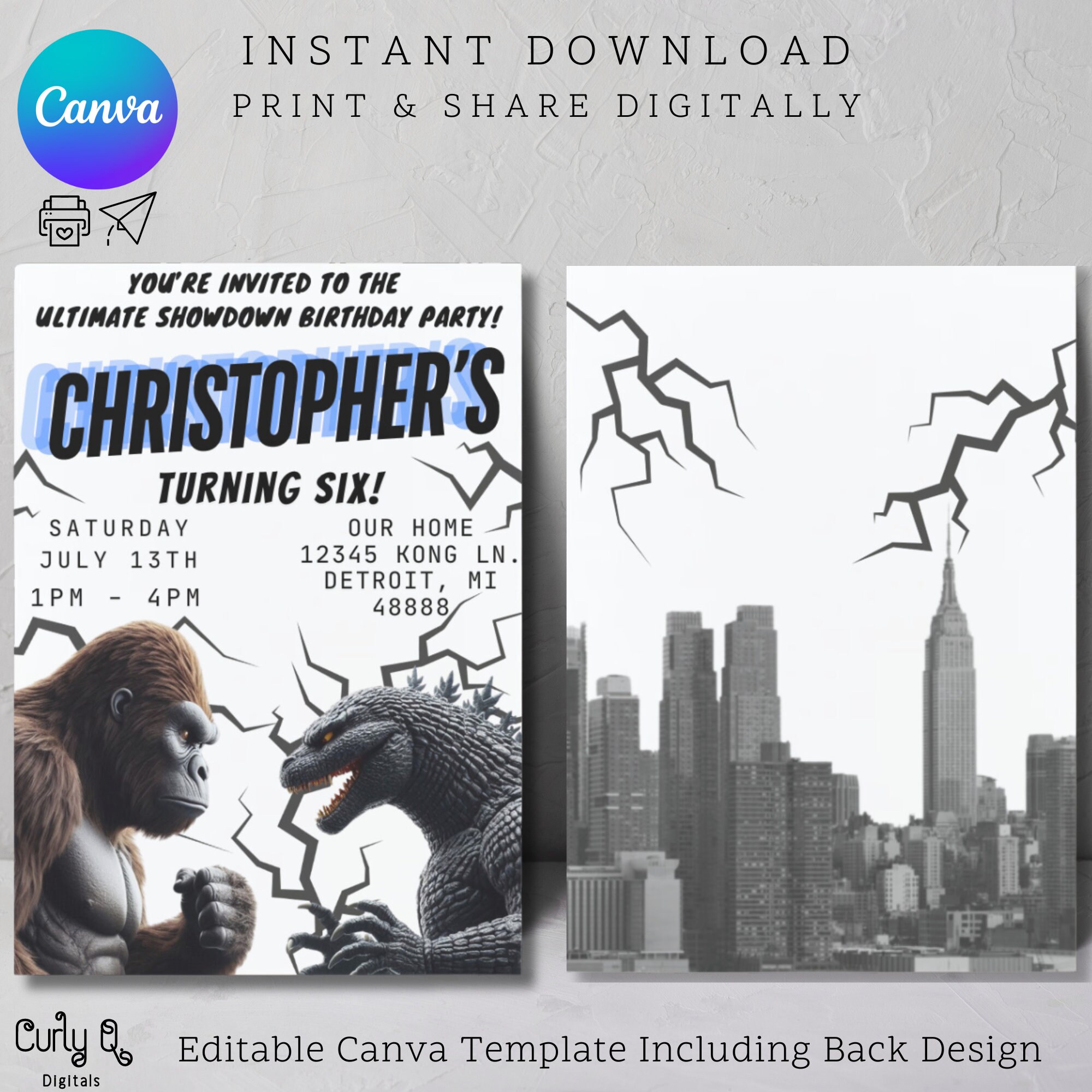 Editable Godzilla X Kong Invitation Invitation Template King Kong ...