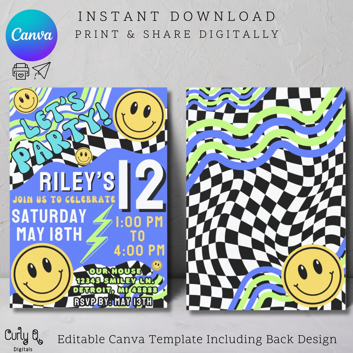 Editable Retro Smiley Invitation Template Let's Party Smiley Invite ...