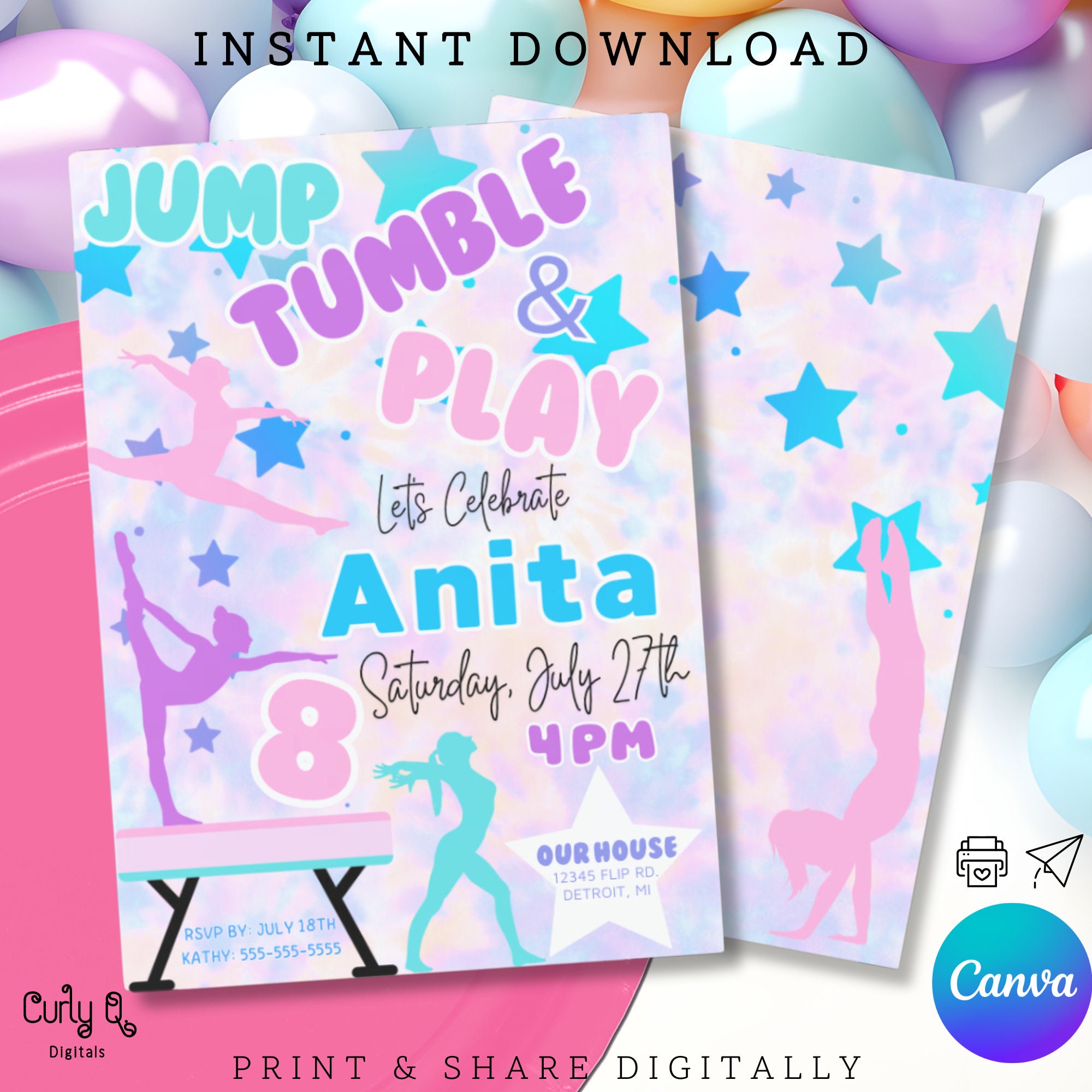 Editable Gymnastics Party Invitation Template Gymnastics Birthday Jump ...