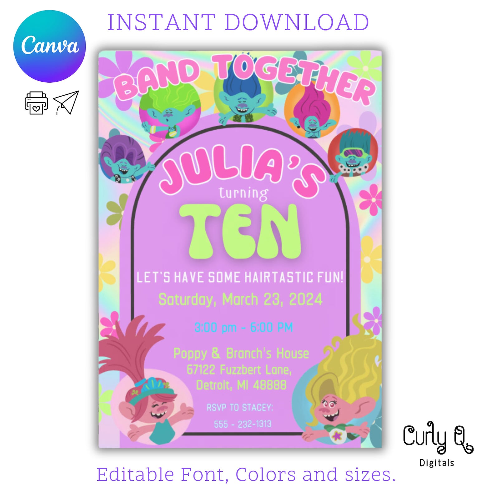 Editable Trolls Invitation Template Trolls Birthday Party Invitation ...