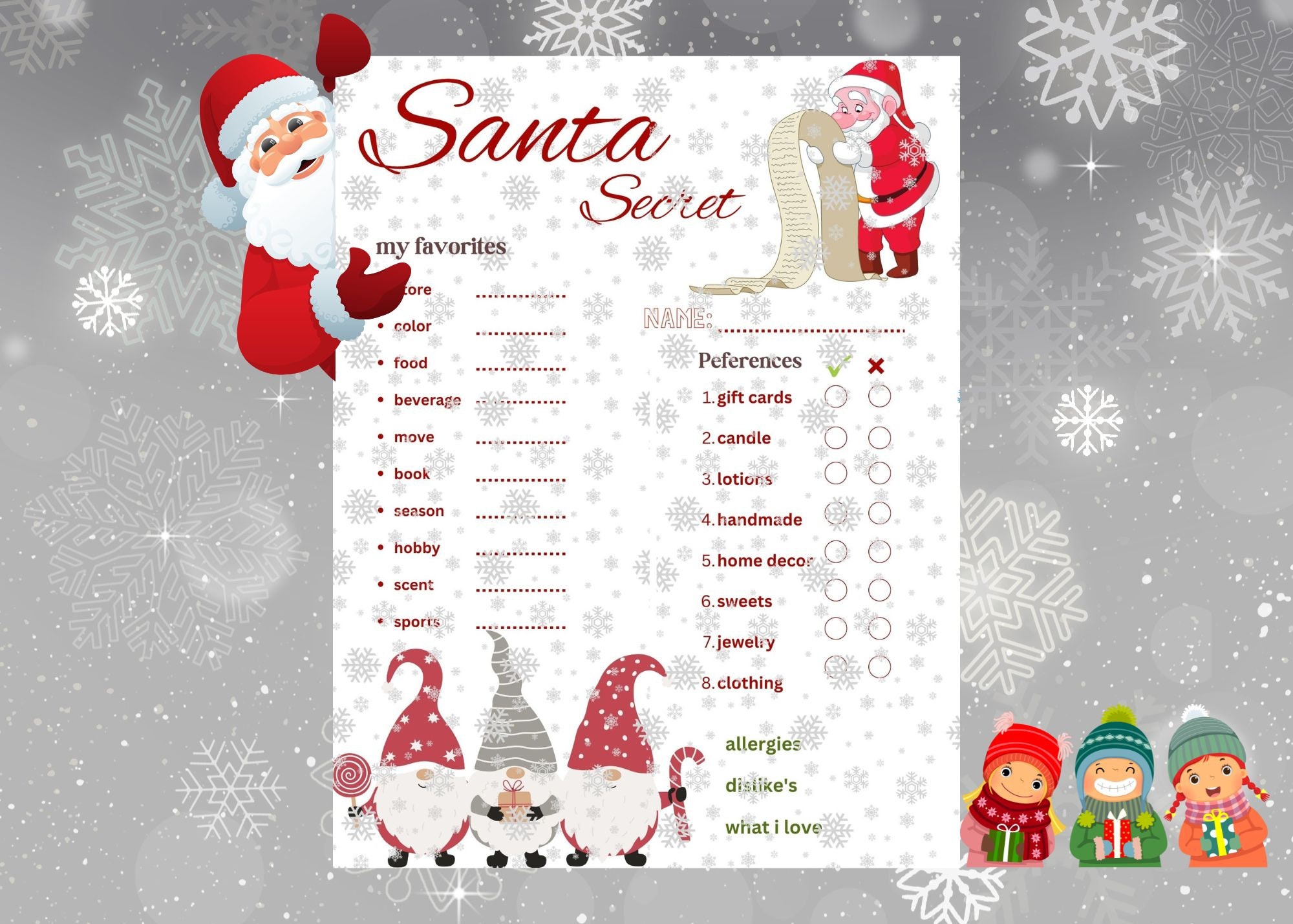 Secret Santa Questionnaire Printable, Christmas All About Me Survey for ...