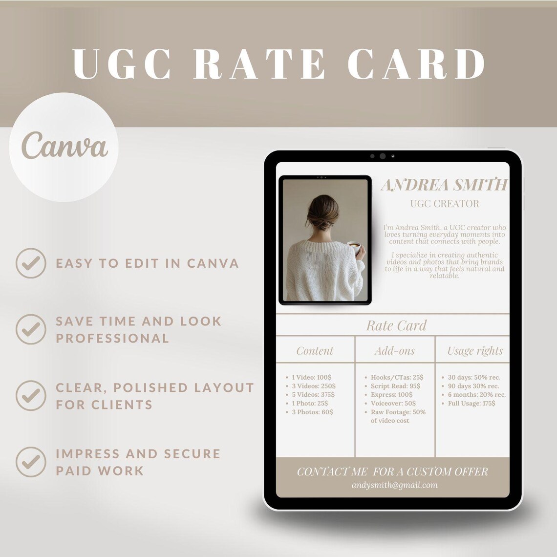 UGC Rate Card Template | Content Creator Content Pricing | UGC Creator ...