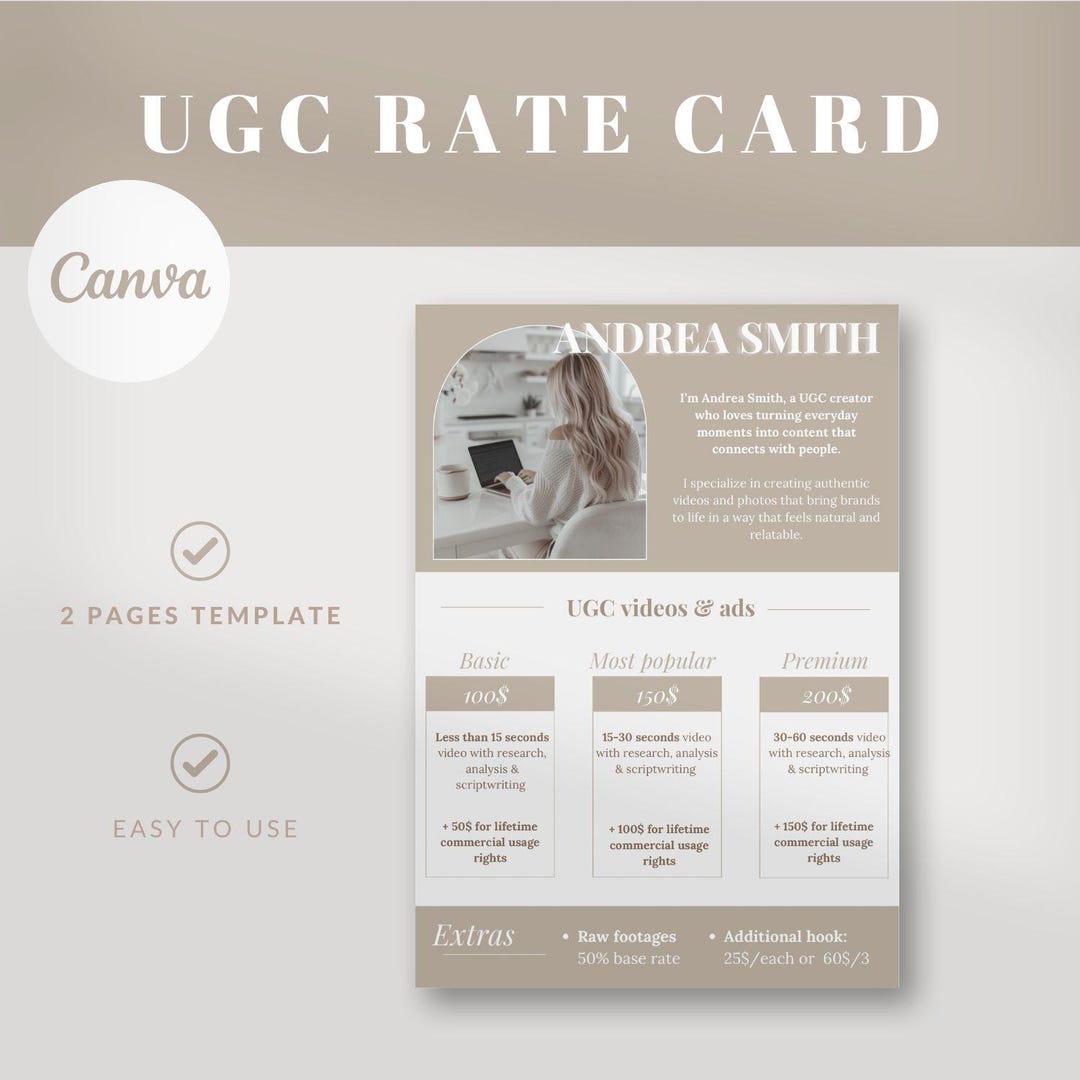 UGC Rate Card Template | 2 Pages User Generated Content Pricing ...