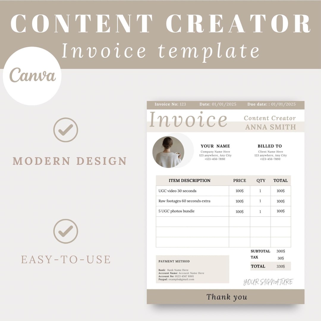 Content Creator Invoice Template | Editable Invoice Canva Template ...