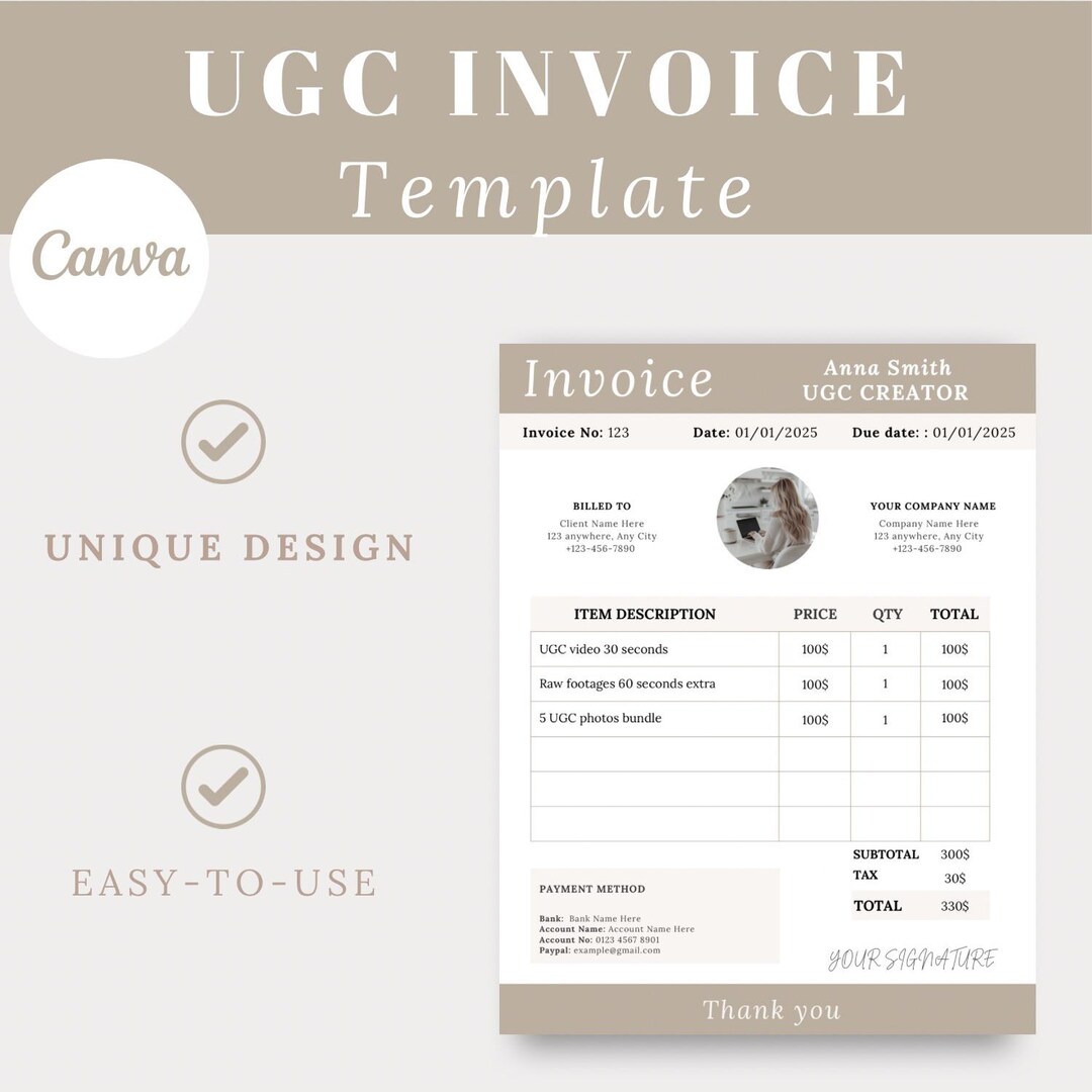 UGC Invoice Template | Editable UGC Creator Invoice Canva Template ...
