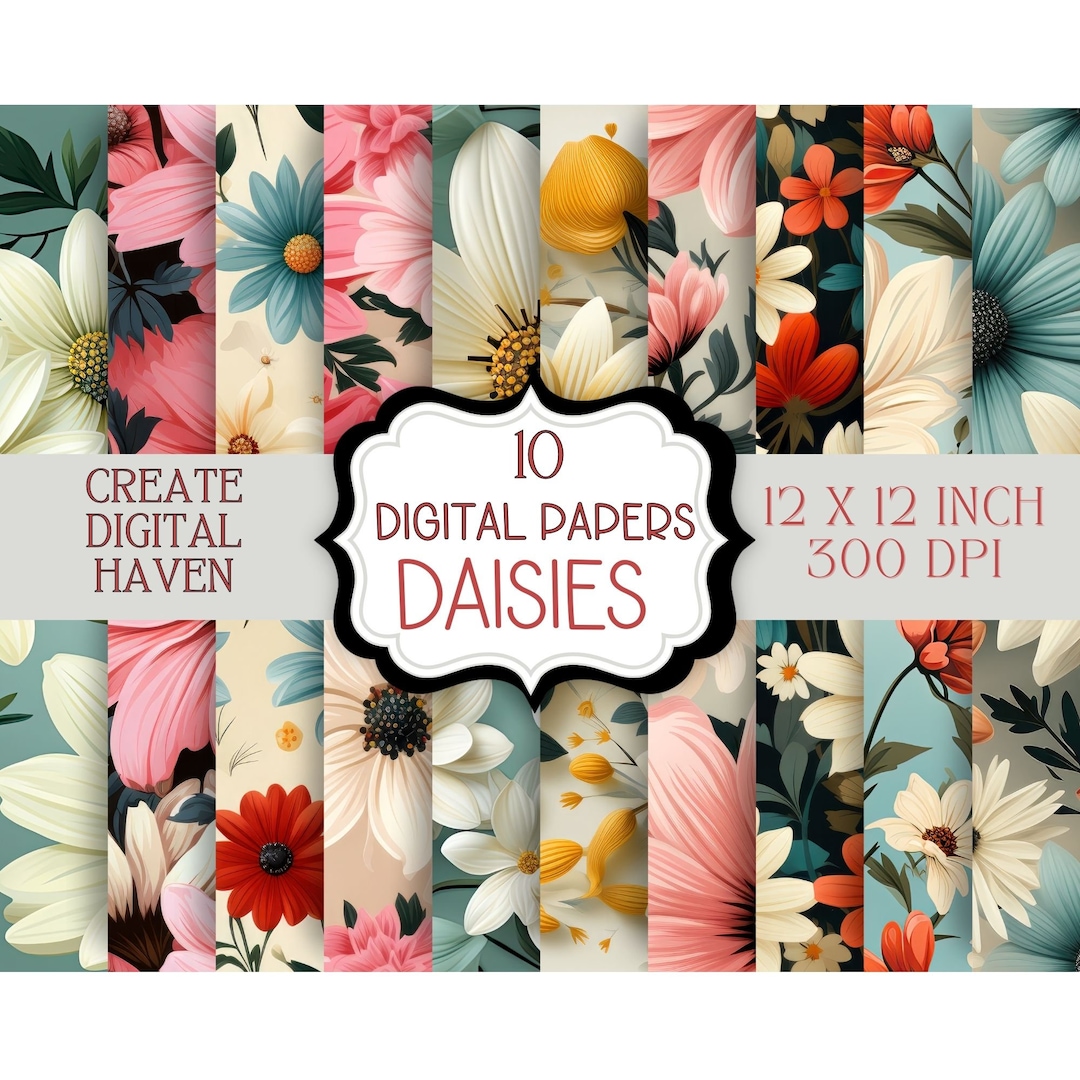 Daisies Digital Paper Bundle, 10 Floral Digital Papers, Seamless ...