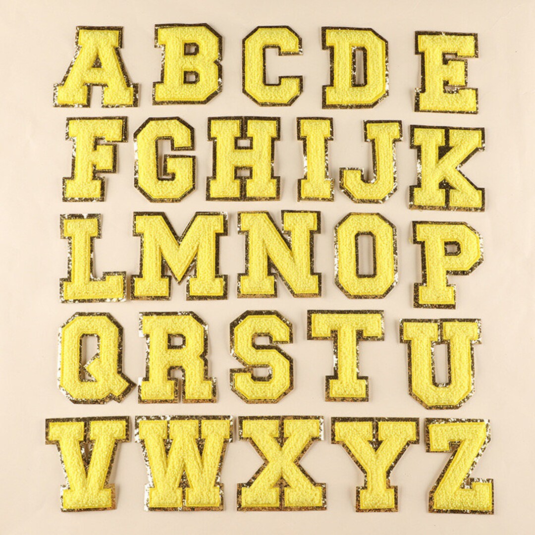 8 Cm/ 3 in Tall Iron Yellow Chenille Letters With Gold Glitter Edge ...